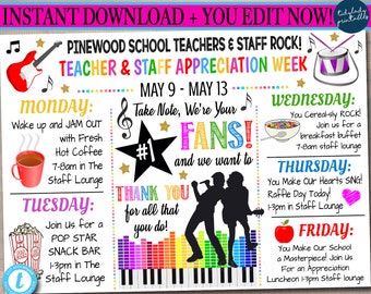 EDITABLE Music You Rock Themed Teacher Appreciation Week Itinerary ...