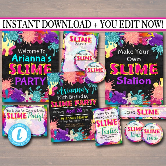HUGE EDITABLE Slime Party Pack, Birthday Invitation, Slime Mad ... HUGE EDITABLE Slime Party Pack, Birthday Invitation, Slime Mad ...