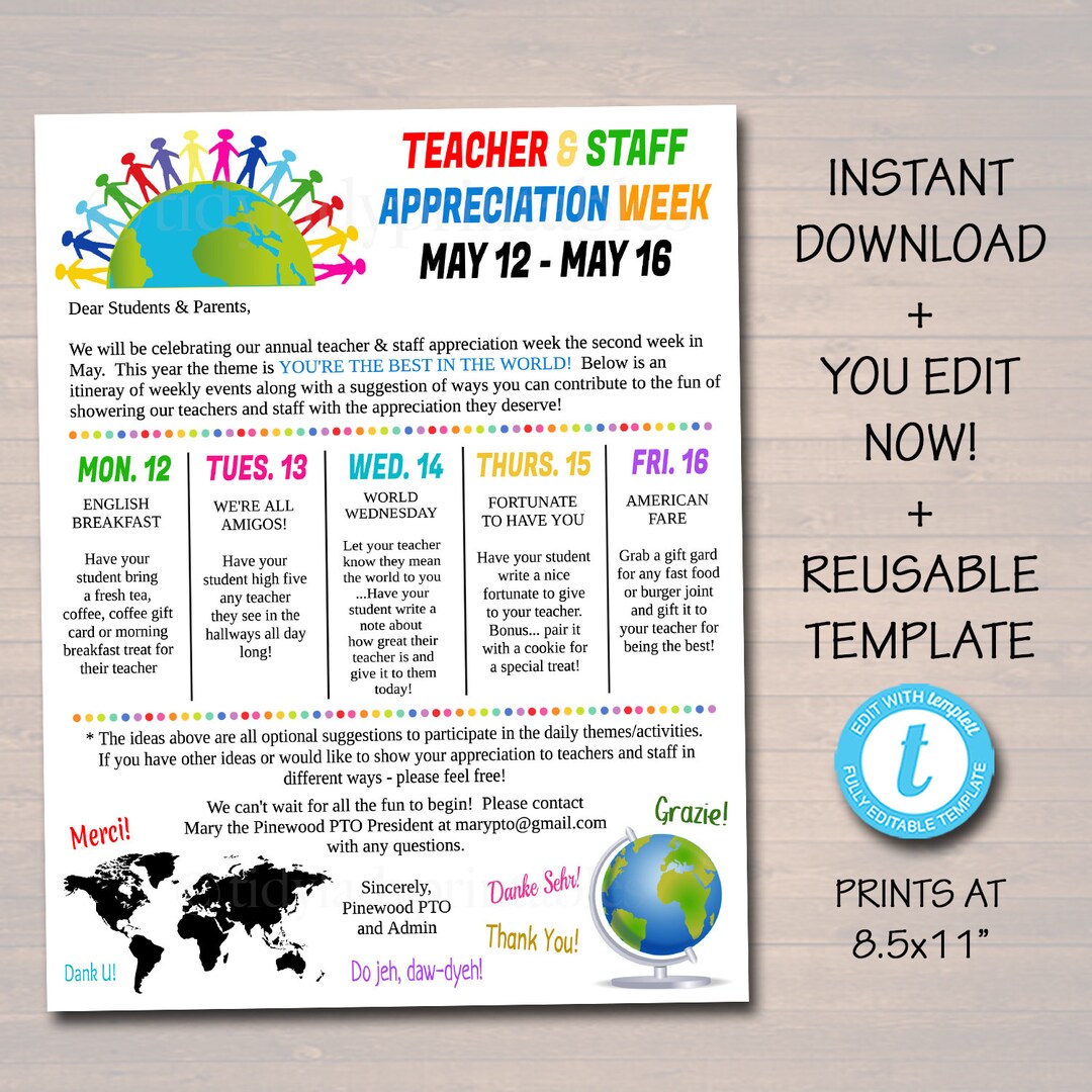 Editable World Theme Teacher Appreciation Staff Invitation Newsletter ...