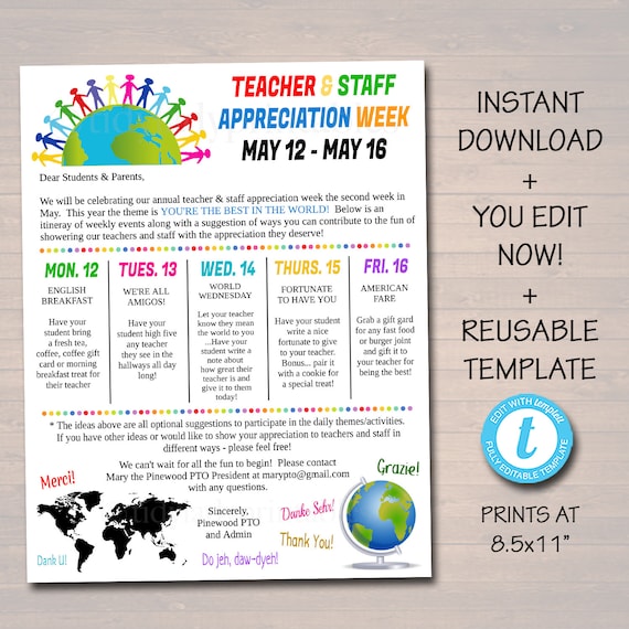 Editable World Theme Teacher Appreciation Staff Invitation Newsletter ...