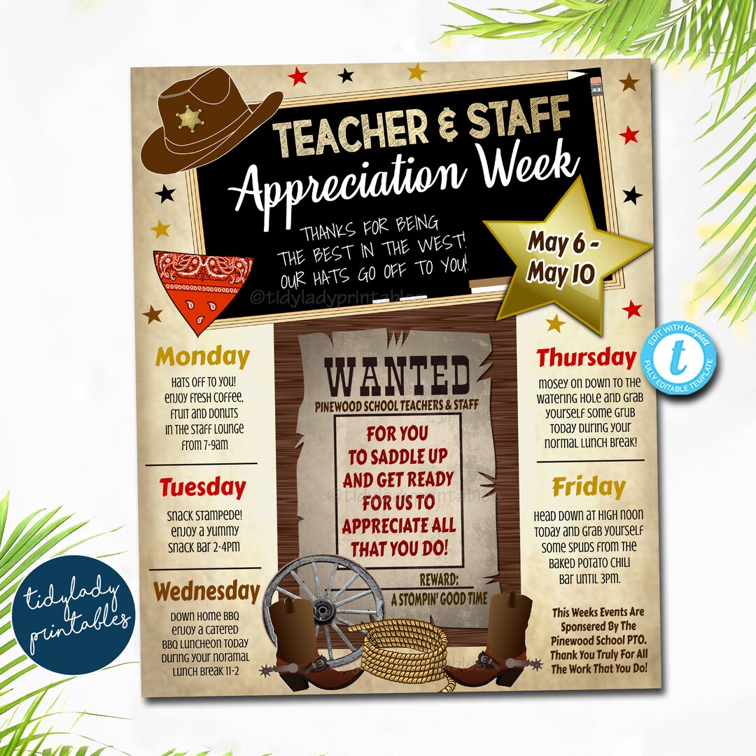 Western Themed Teacher Appreciation Week Itinerary Poster, Wild West ...