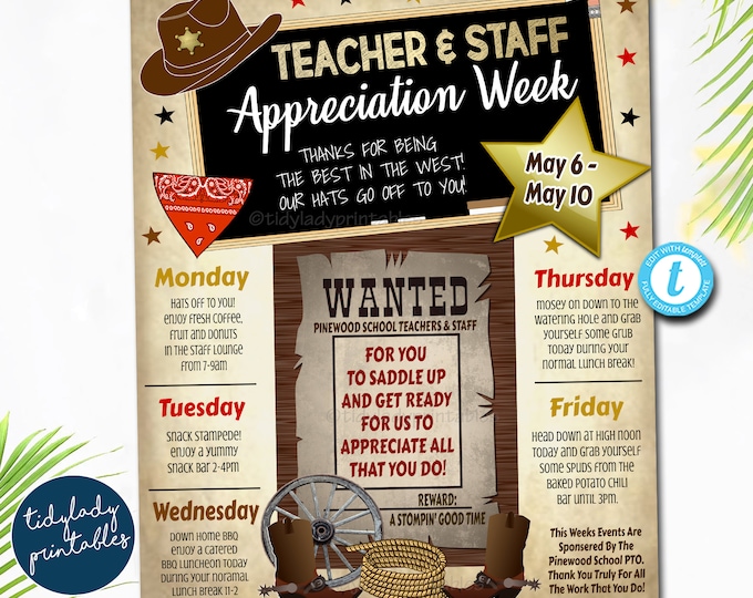 Western Themed Teacher Appreciation Week Itinerary Poster, Wild West ...