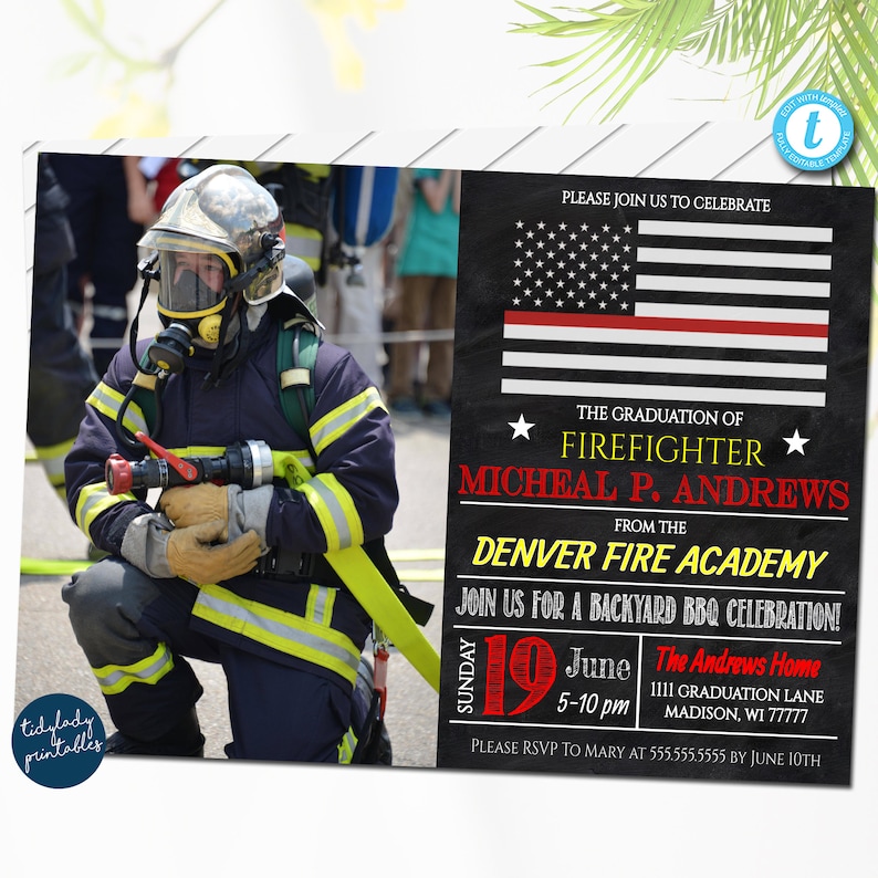 Editable Firefighter Graduation Invitation Chalkboard - Etsy