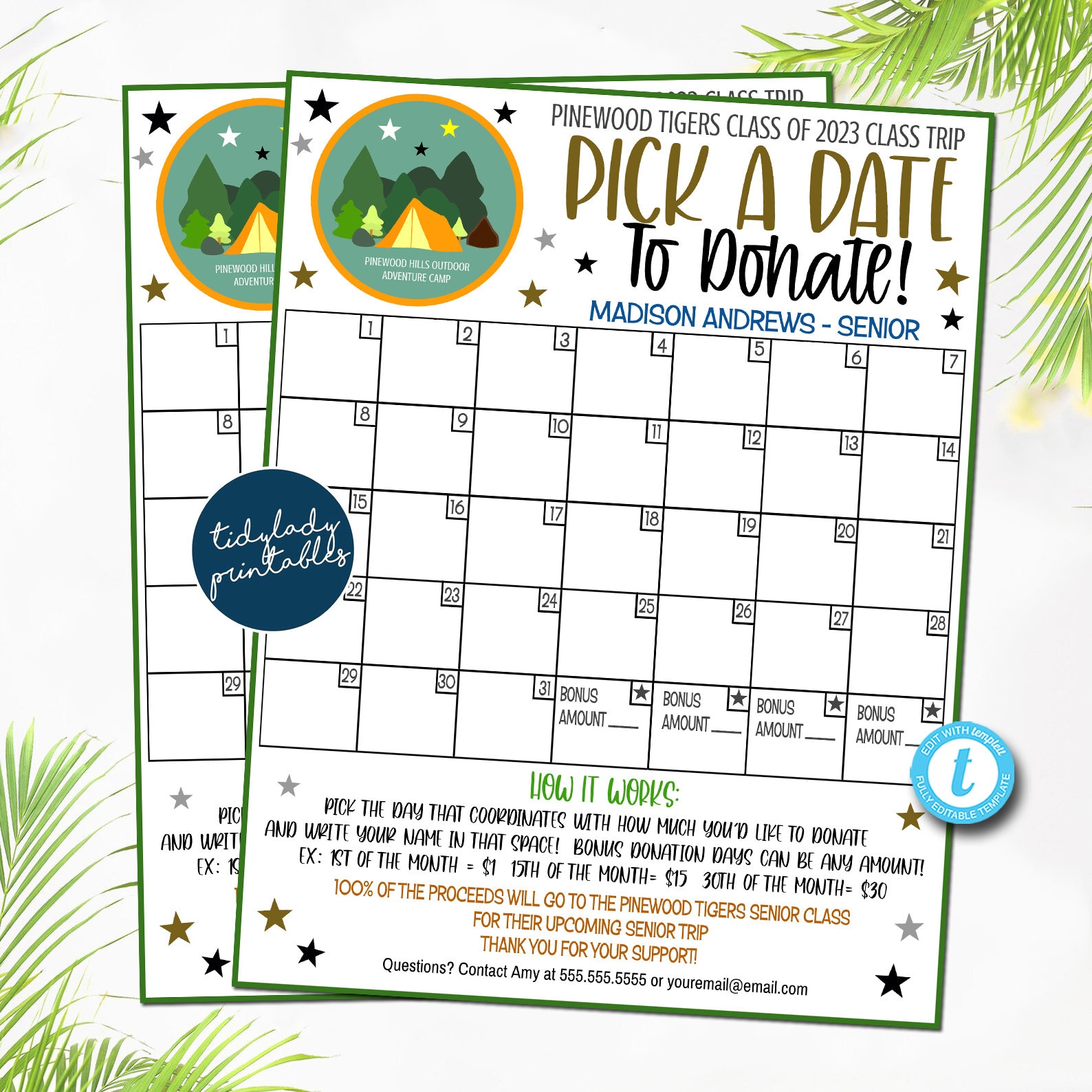 Camping Pick a Date to Donate Calendar: School Fundraiser (digital ...