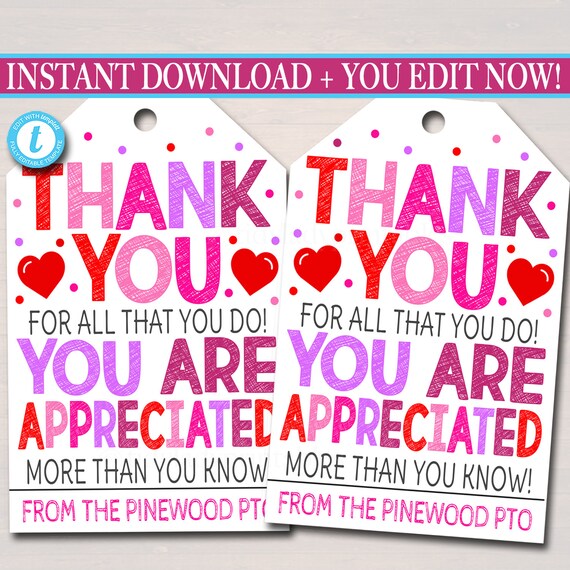 Valentine's Day Thank You Gift Tags, Teacher Staff Employee Nurse ...
