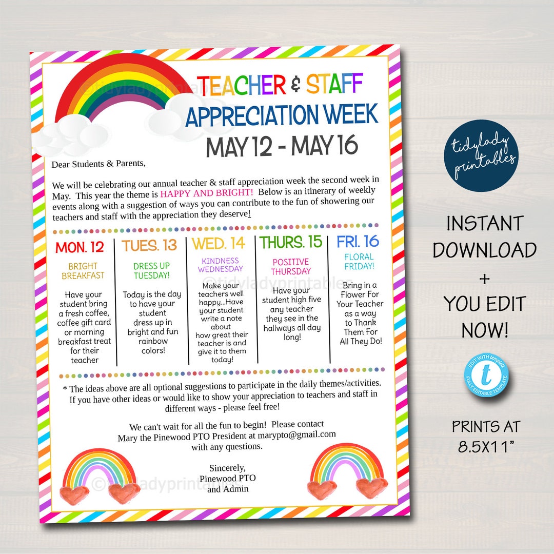 Rainbow Teacher Appreciation Week Newsletter Flyer (editable Template ...