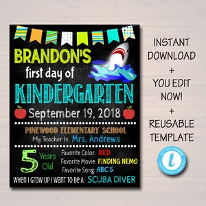 First Day of School Sign, Back to School Chalkboard Poster, SHARK FISH ...