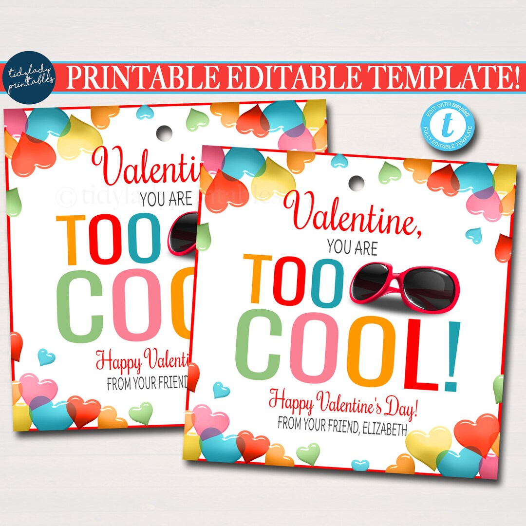 Valentine Sunglasses Gift Tags, You Are Too Cool, Friend Classroom ...