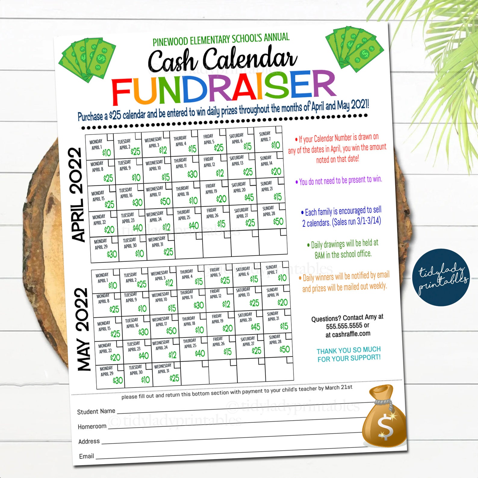 Cash Calendar Fundraiser Flyer: Editable School PTO PTA Template ...
