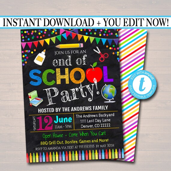 EDITABLE End of School Party Invitation, Printable Digital Invite, Back ...