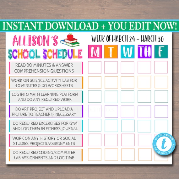 Printable Home School Schedule, Daily Subject Checklist, Homework ...
