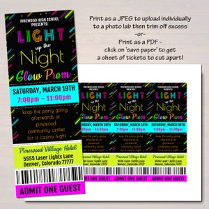 EDITABLE Prom Ticket/invite Flyer Set School Dance Digital Invite, Neon ...