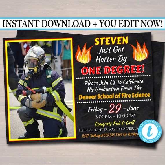 Editable Fire Fighter Graduation Invitation Chalkboard Printable ...