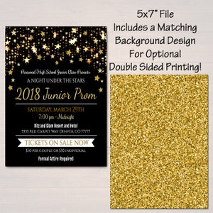EDITABLE Prom Dance Invitation. Starry Night, Gold Glitter an Evening Under the Stars High ...