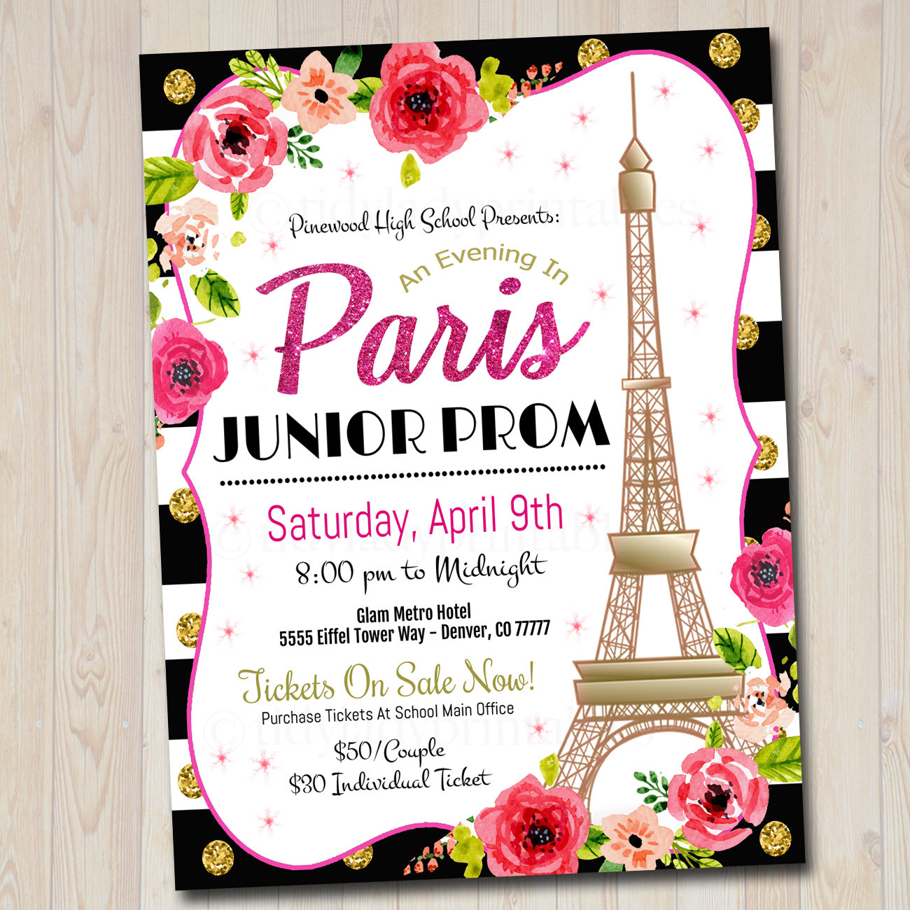 Editable Paris Theme Prom Ticket & Flyer Set: School Dance Invite ...