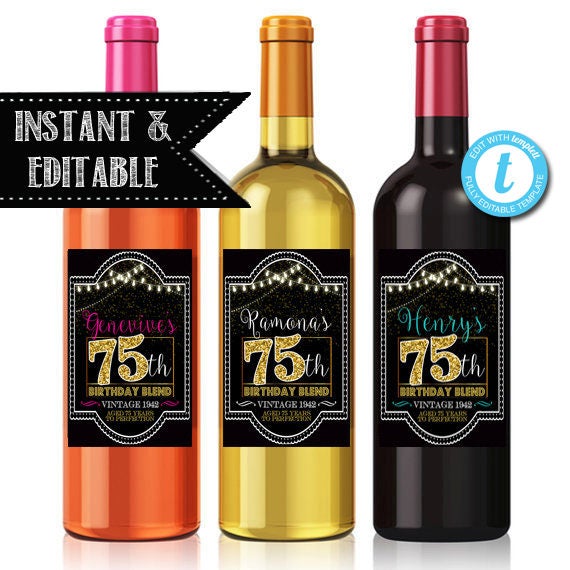 EDITABLE 75th Birthday Custom Wine Label, Cheers to 75 Years, 75th ...