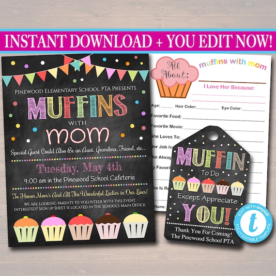 EDITABLE Muffins With Mom Set Thank You Tags, Printable PTA Flyer ...