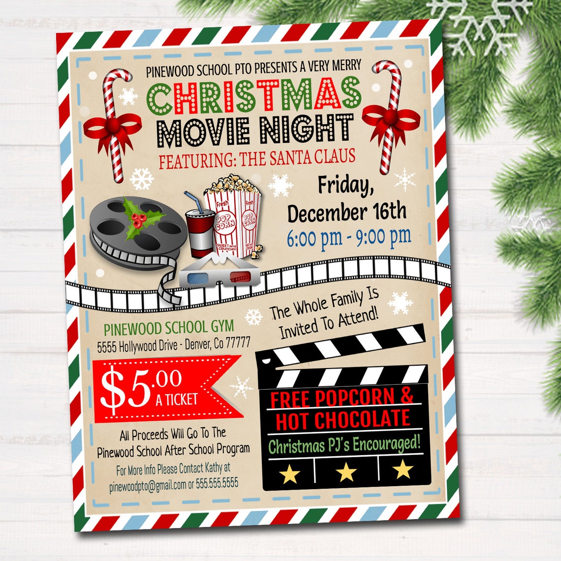 EDITABLE Christmas Movie Night Flyer Printable PTA PTO Flyer | Etsy