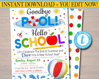 EDITABLE End of School Pool Party Invitation, Goodbye School Hello Pool ...
