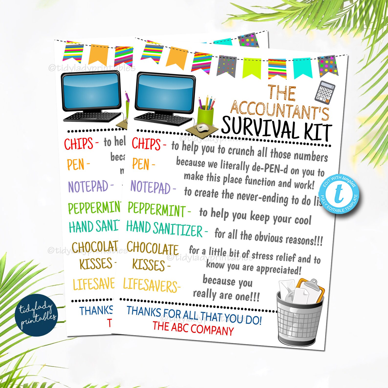 Accountant's Survival Kit Gift Tags: Editable Template (digital ...