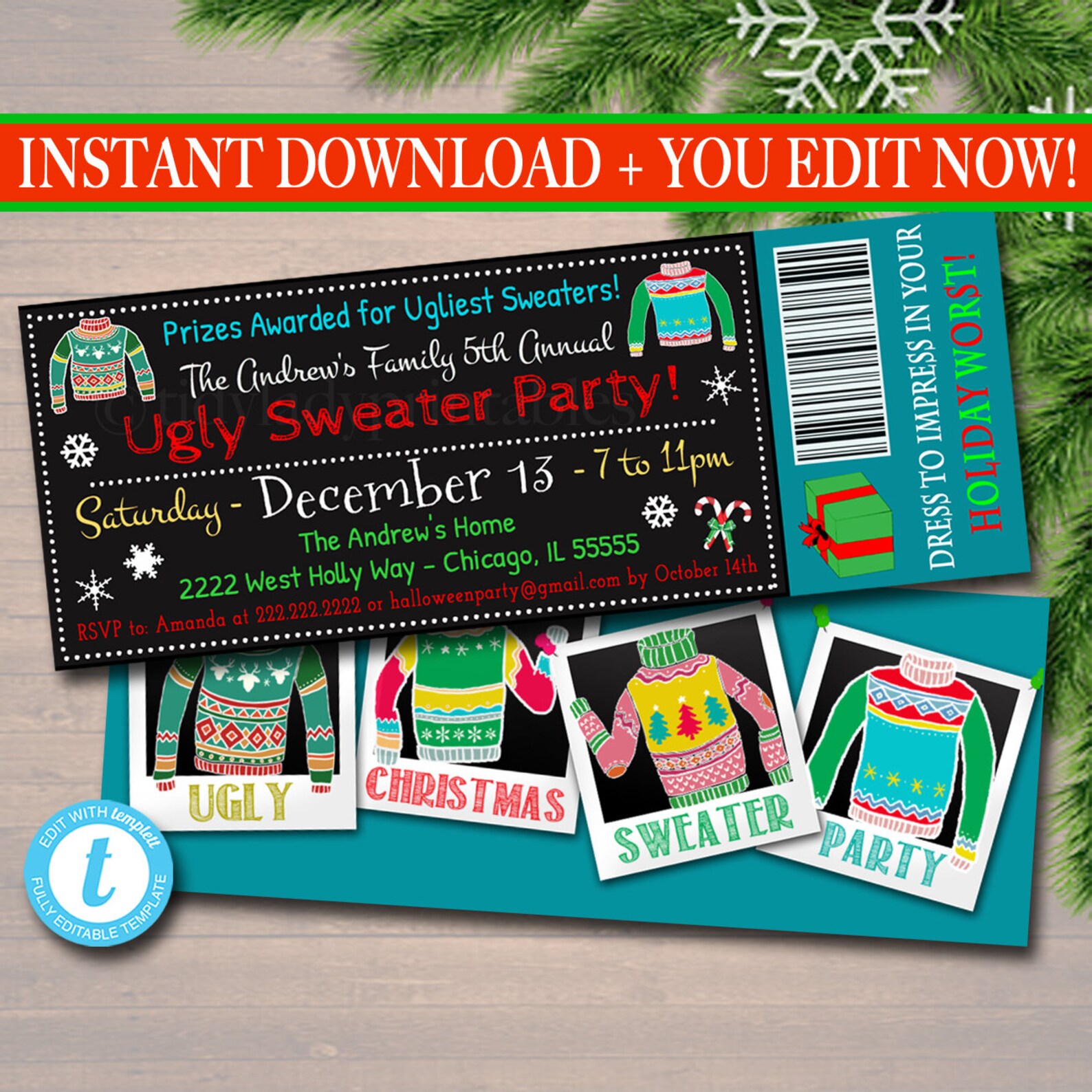 EDITABLE Ugly Sweater Party Invitation, Christmas Party Ticket Invite ...