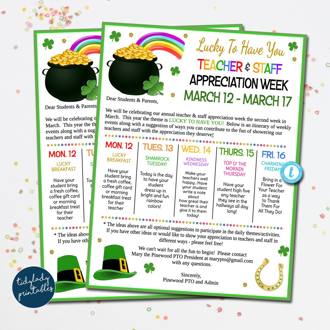 St. Patrick's Teacher Appreciation Week Itinerary Poster (editable ...