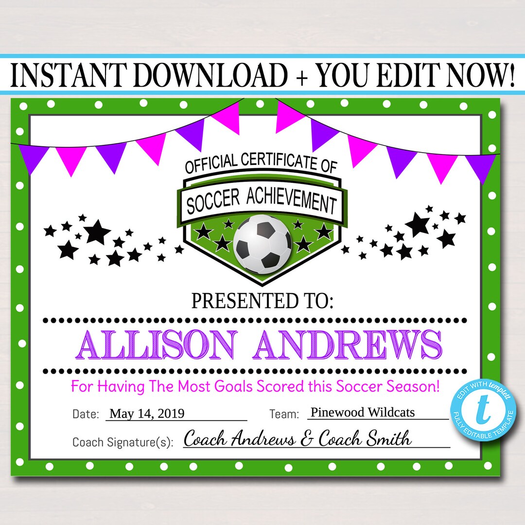 EDITABLE Soccer Award Certificates, INSTANT DOWNLOAD, Team Soccer ...