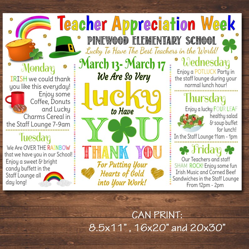 St. Patrick's Teacher Appreciation Week Itinerary Poster, Thank You ...