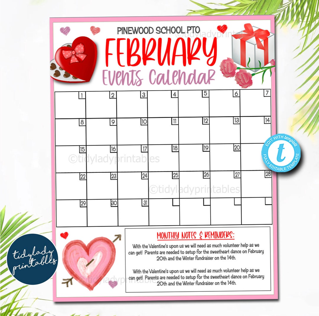 EDITABLE February Events Calendar, Winter PTO PTA Printable Handout ...
