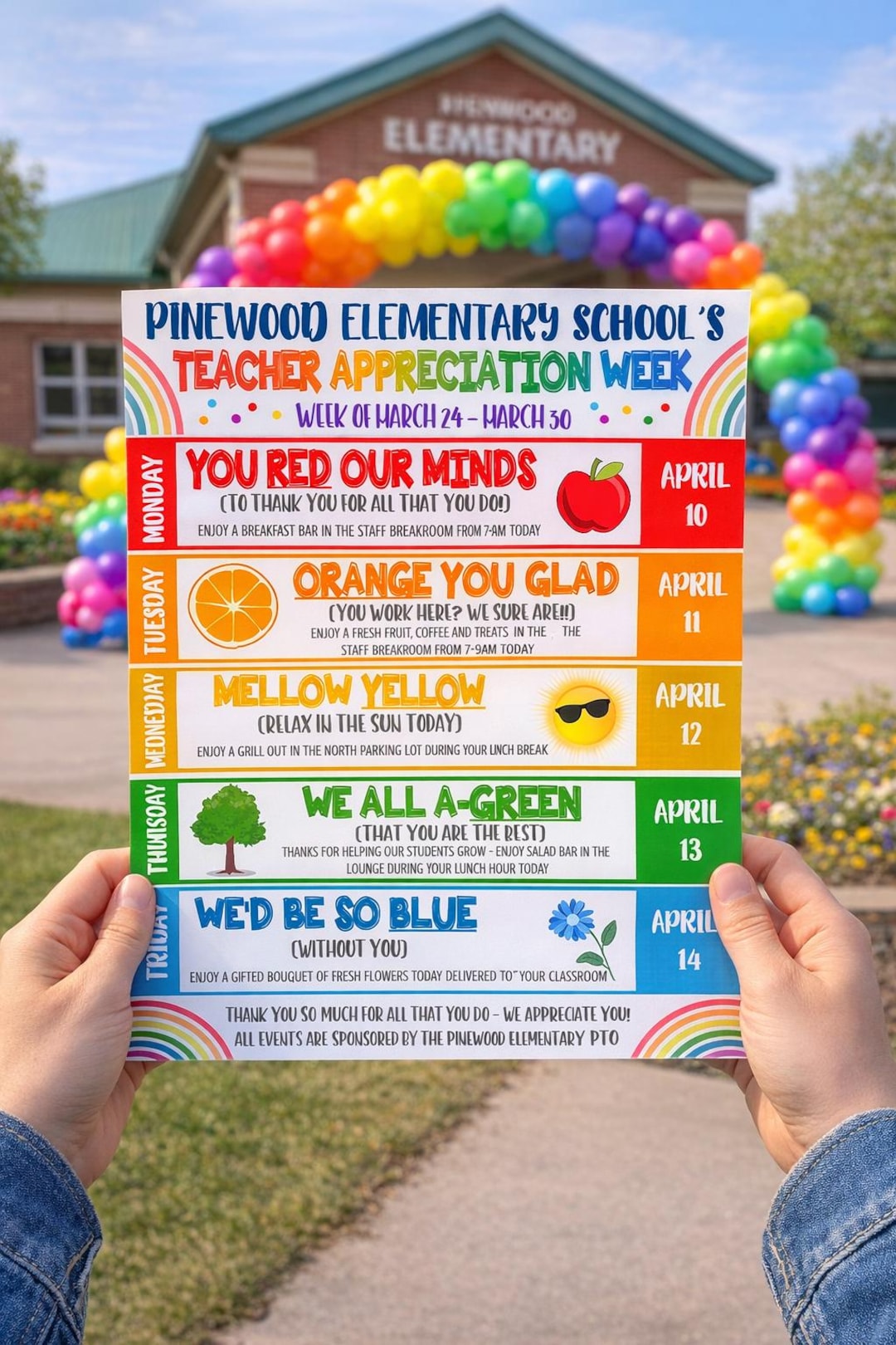 Rainbow Teacher Appreciation Week Itinerary Flyer, Rainbow Theme Staff ...