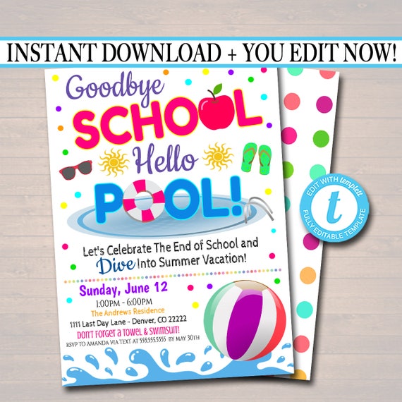 Invitations & Announcements Goodbye School Summer Invite Hello Pool ...