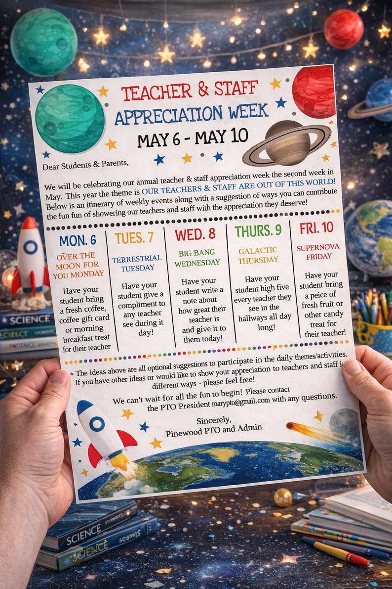 Space Theme Teacher Appreciation Week Newsletter, Outer Space Theme ...