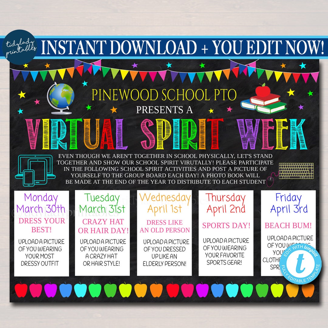Virtual Spirit Week Itinerary Schedule, Daily Weekly Calendar ...