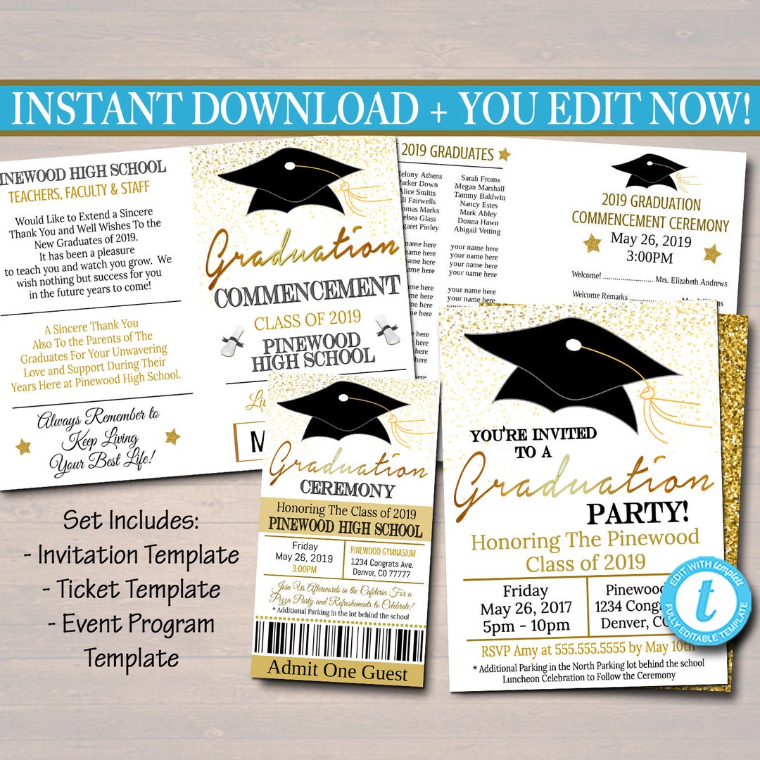 Editable Graduation Ceremony Set: Invitation, Ticket, Program (digital ...
