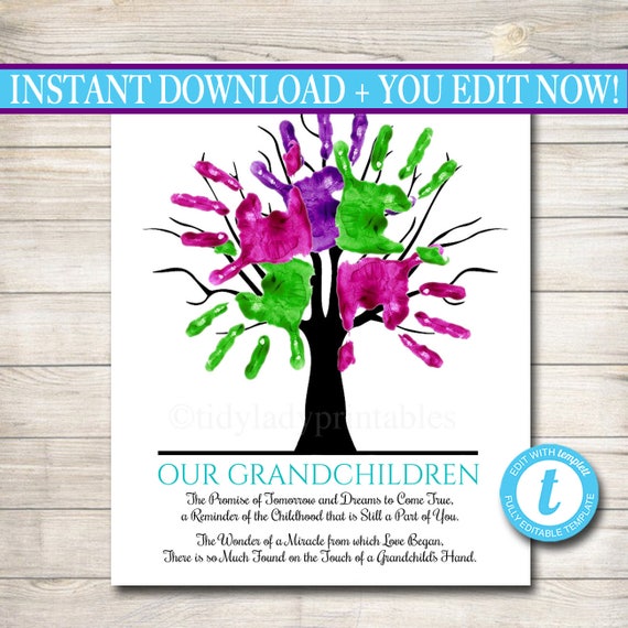 EDITABLE Grandparent Gift, CUSTOM Grandkids Thumbprint Art, Grandkids ...