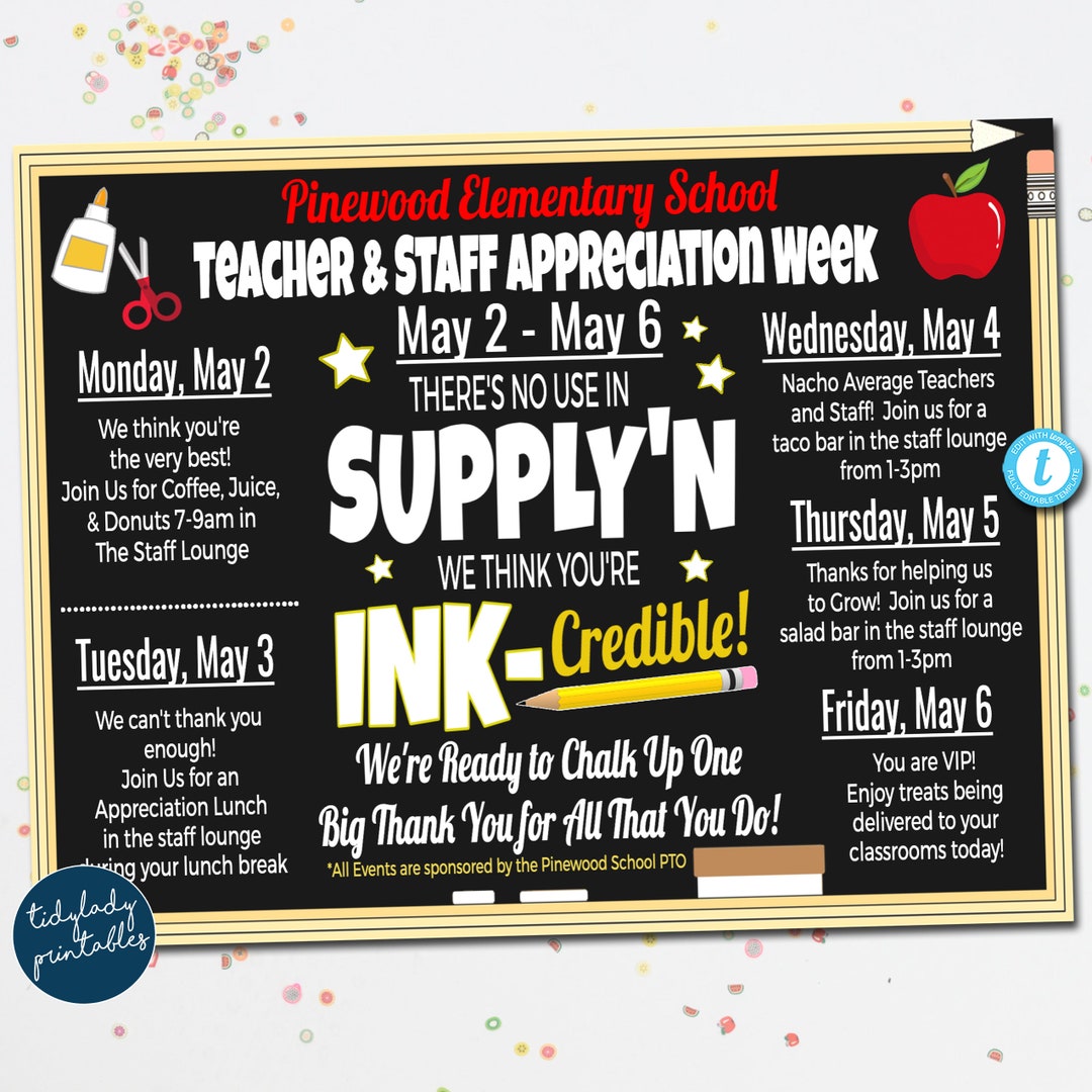 Teacher Appreciation Week Itinerary Poster, Thank You Teachers Staff ...