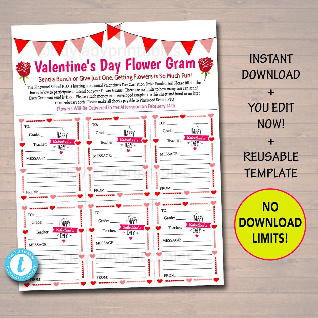 EDITABLE Valentine's Day Flower Gram Flyer, School Fundraiser Template ...