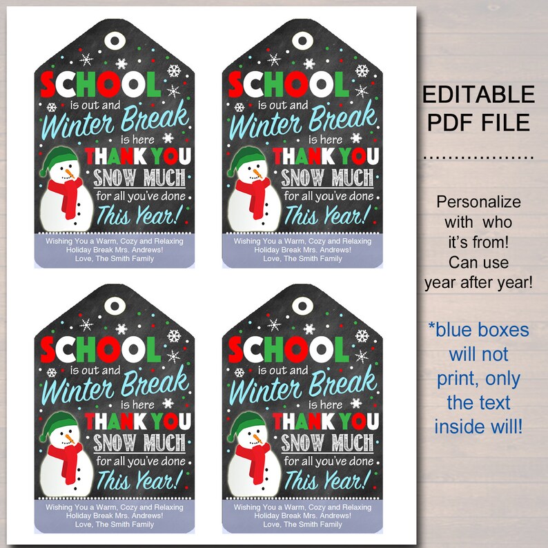Christmas Gift Tags School's Out Winter Break Thank You | Etsy