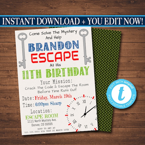 EDITABLE Escape Room Birthday Invitation, Boy Mystery Clue Spy Birthday ...