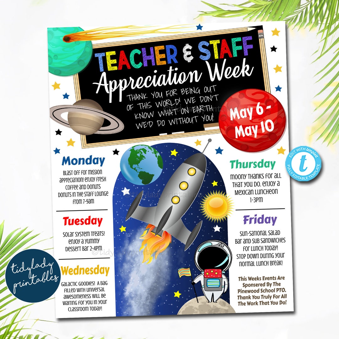 Space Theme Teacher Appreciation Week Itinerary Poster (editable ...