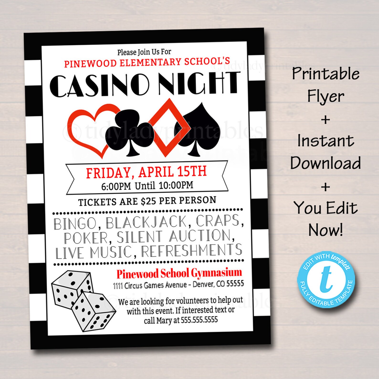 EDITABLE Casino Night Flyer School Event Cards Party - Etsy