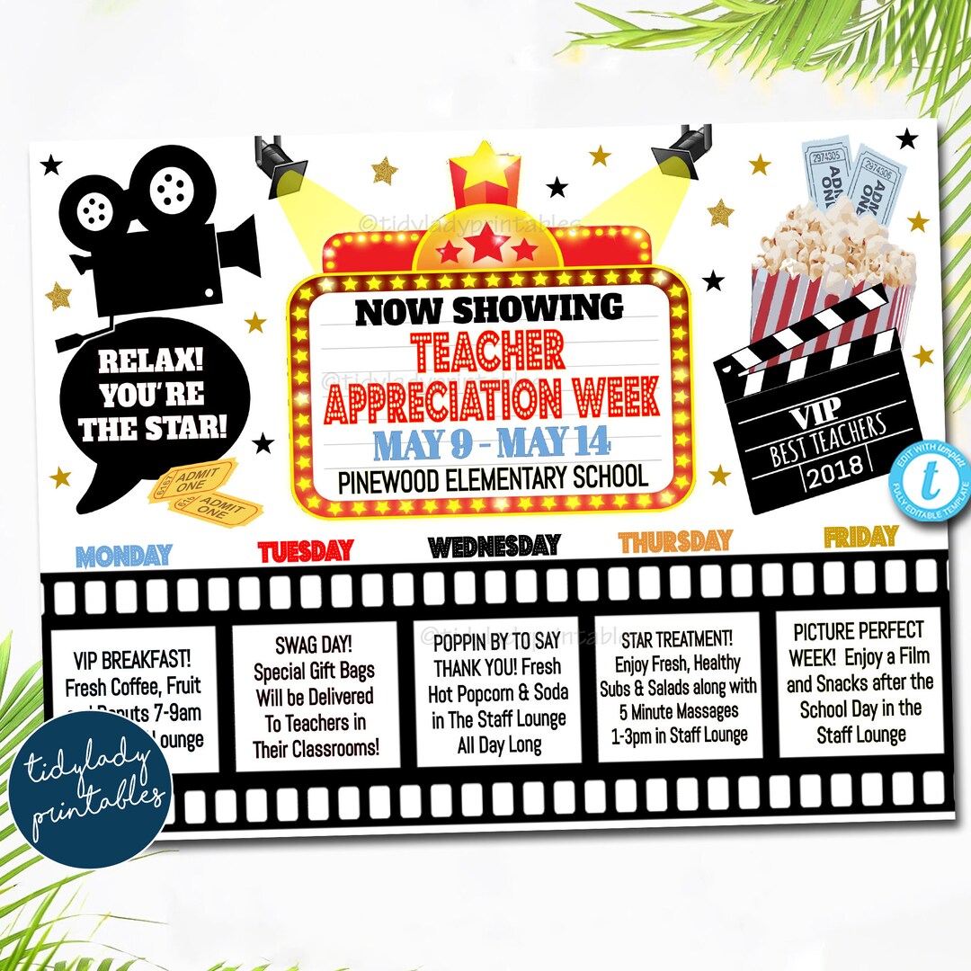 Editable Hollywood Teacher Appreciation Week Itinerary (digital ...