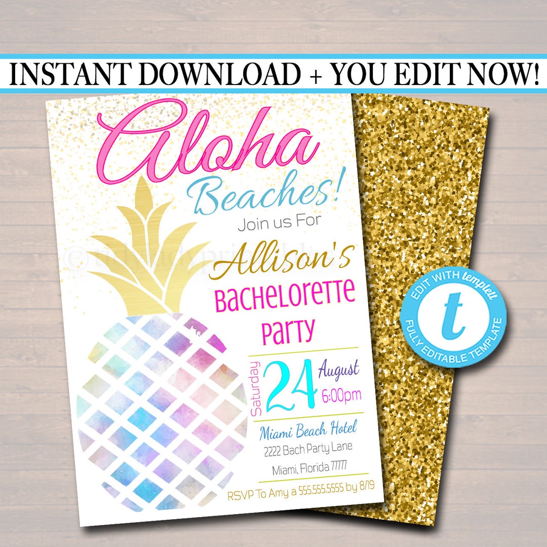 EDITABLE Beach Party Bachelorette Party Invitation, Glitter Gold ...