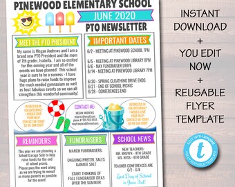 June PTO PTA Newsletter Flyer Editable Template, Summer Beach Flyer ...