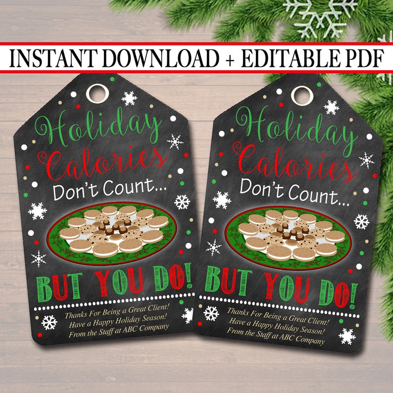 EDITABLE Holiday Calories Christmas Gift Tags, Secret Santa, Staff ...