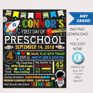 First Day of School Outer Space Sign, Back to School Chalkboard Poster ...