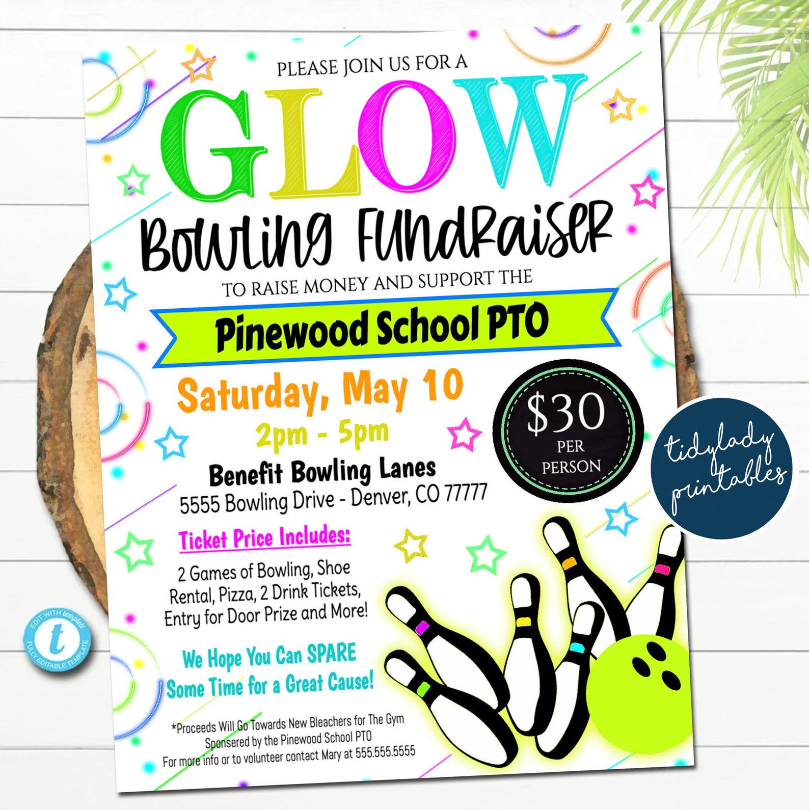 Editable Glow Bowling Fundraiser Flyer: Printable PTA PTO Event ...