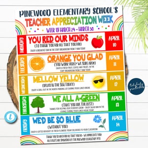 Rainbow Teacher Appreciation Week Itinerary Flyer, Rainbow Theme Staff ...