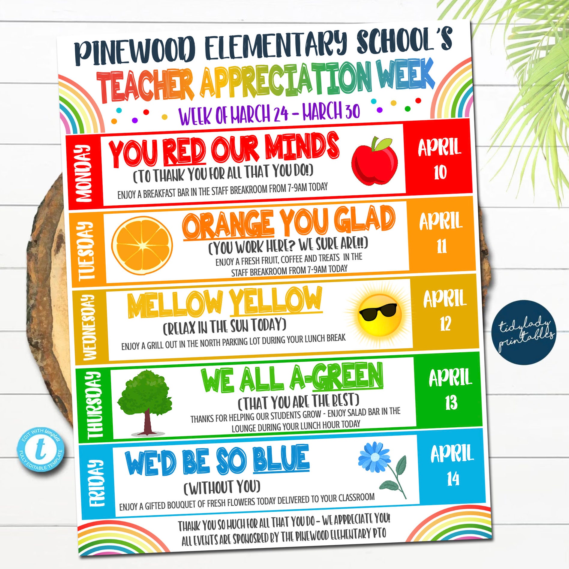 Rainbow Teacher Appreciation Week Itinerary Flyer, Rainbow Theme Staff ...