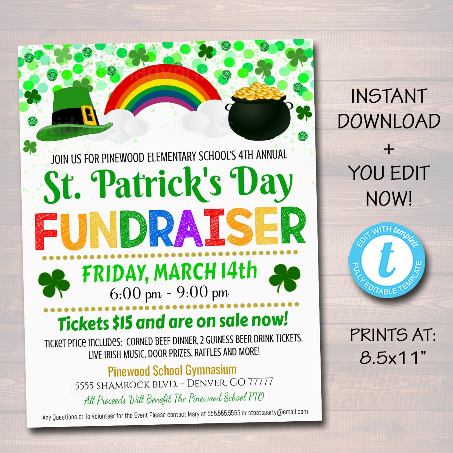 St. Patrick's Day Fundraiser Flyer: Editable Shamrock Event (instant ...